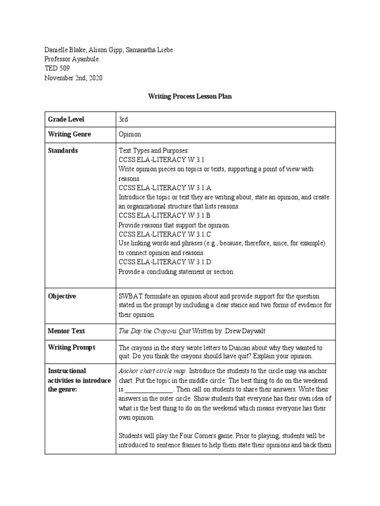 3rd Grade Opinion Writing Plan | PDF | Lesson Plan | Behavior Modification
