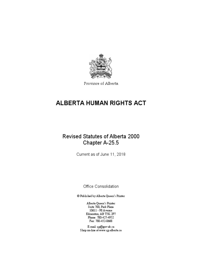 Alberta Human Rights Act: Revised Statutes of Alberta 2000 Chapter A-25 ...