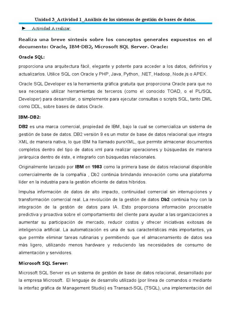 Unidad 3 - Actividad 1 - Análisis de Los Sistemas de Gestión de Bases ...