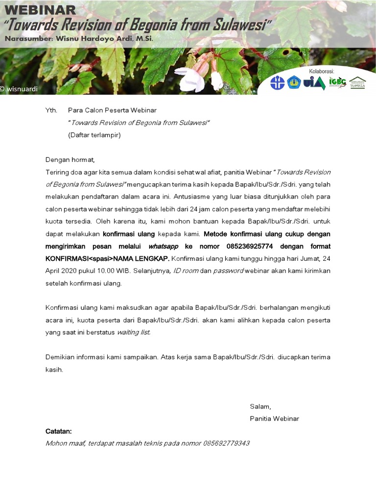 Revisi - Surat Permohonan Konfirmasi Ulang Calon Peserta Webinar Begonia | PDF