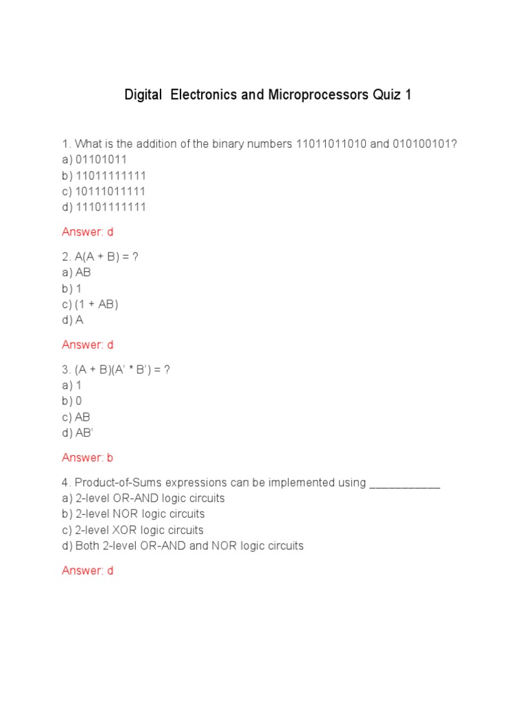 Digital Electronics And Microprocessors Quiz 1 Answer D Pdf Electronic Circuits