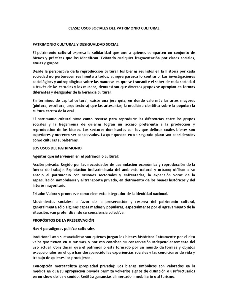CLASE 07 Julio Gestion LOS USOS SOCIALES DEL PATRIMONIO | PDF | Bienes (Ley) | Patrimonio cultural