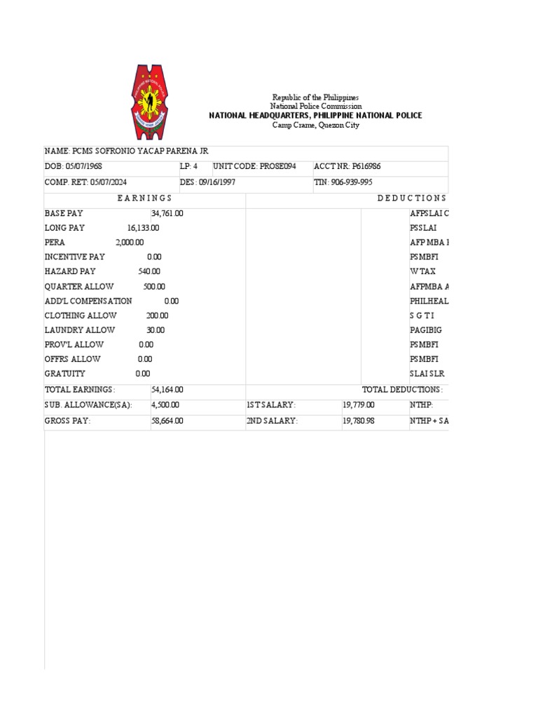 PNP Payslip | PDF | Law Enforcement | Crime & Violence