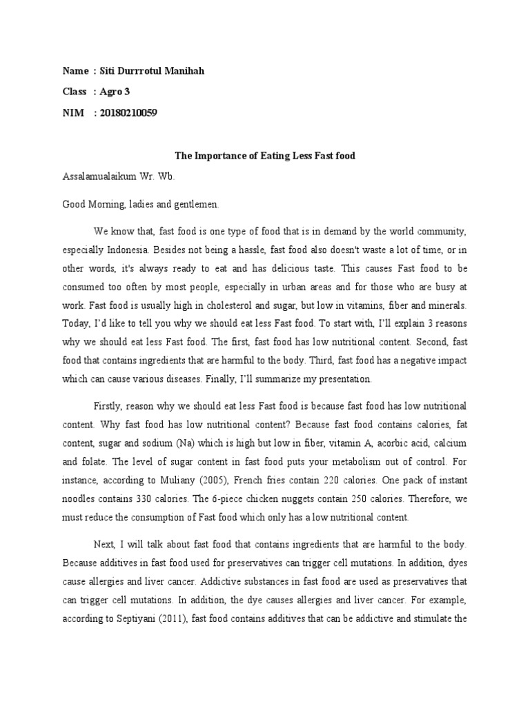 The Importance of Eating Less Fast Food - Siti Duurotul Manihah ...