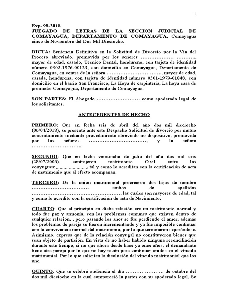 Sentencia-De-Divorcio-Divorcio-Mutuo Ejemplo Derecho | PDF | Divorcio ...