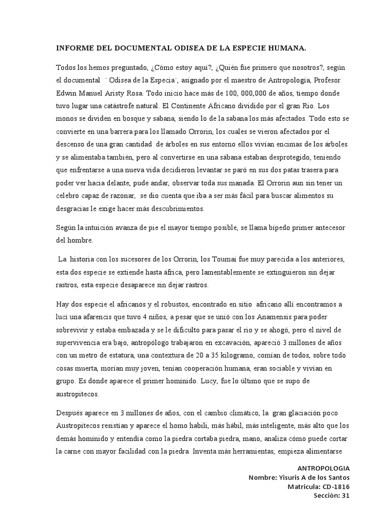 Informe de Odisea de La Especie Humana. | PDF | Homo | Homo Sapiens