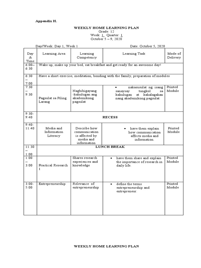 Appendix H. Weekly Home Learning Plan | PDF | Chemical Substances ...