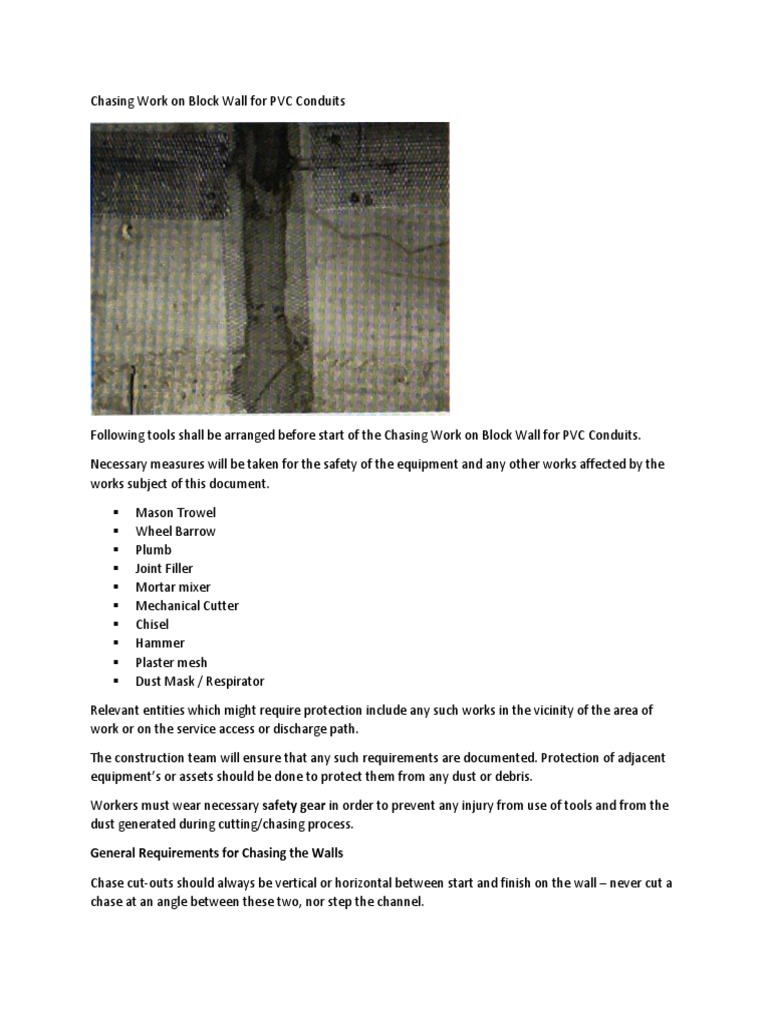 Method Statement - Chasing Work On Block Wall For PVC Conduits PDF | PDF