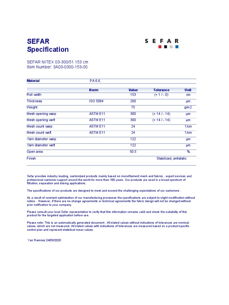 SEFAR Specification 3A03-0300-153-00 | PDF | Specification (Technical ...