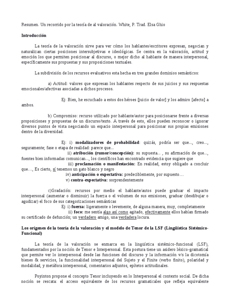 White, P. Un Recorrido Por La Teoria de La Valoracion. Resumen | PDF | Semiótica | Cognición