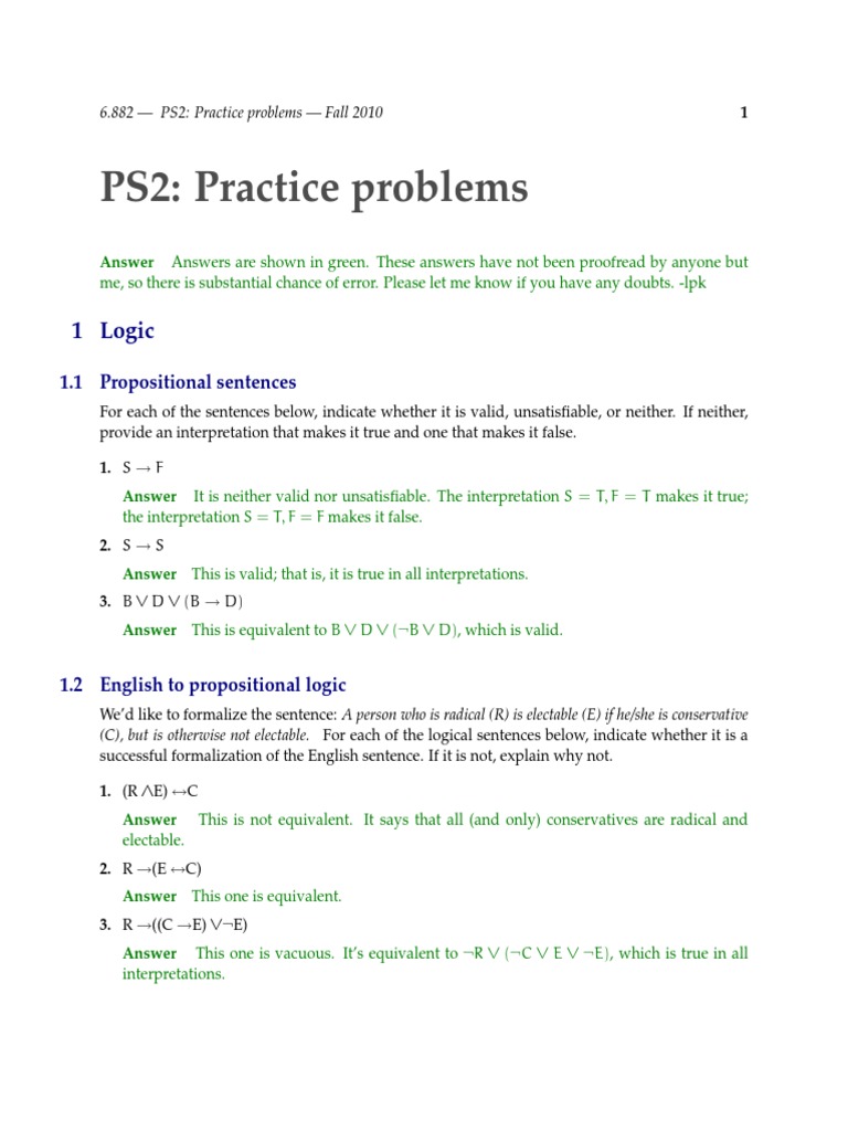 PS2: Practice Problems: 1 Logic | PDF | Interpretation (Logic) | Metalogic