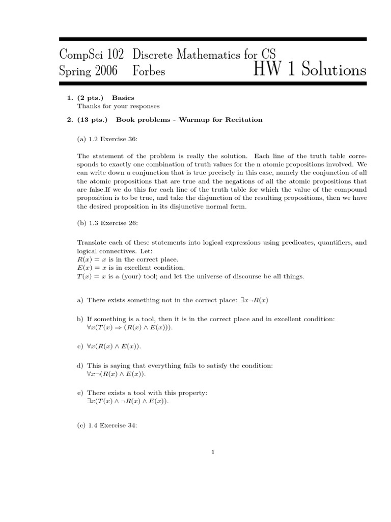 HW 1 Solutions: Compsci 102 Discrete Mathematics For Cs Spring 2006 Forbes | PDF | First Order ...