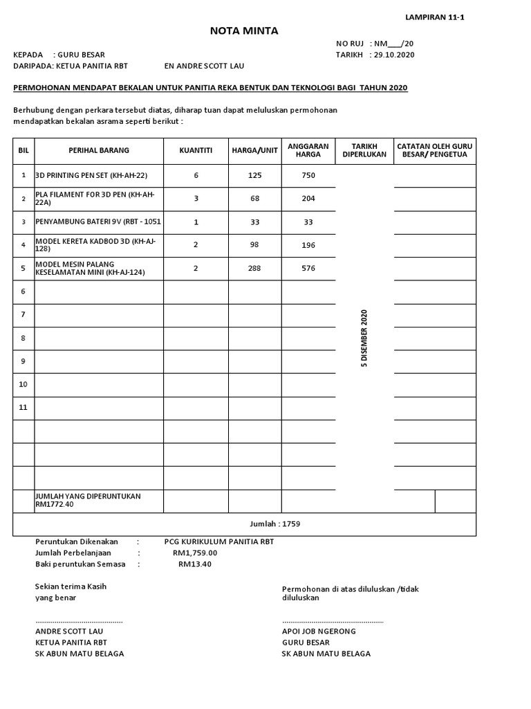 Nota Minta RBT 2020 | PDF | Teknologi & Rekayasa