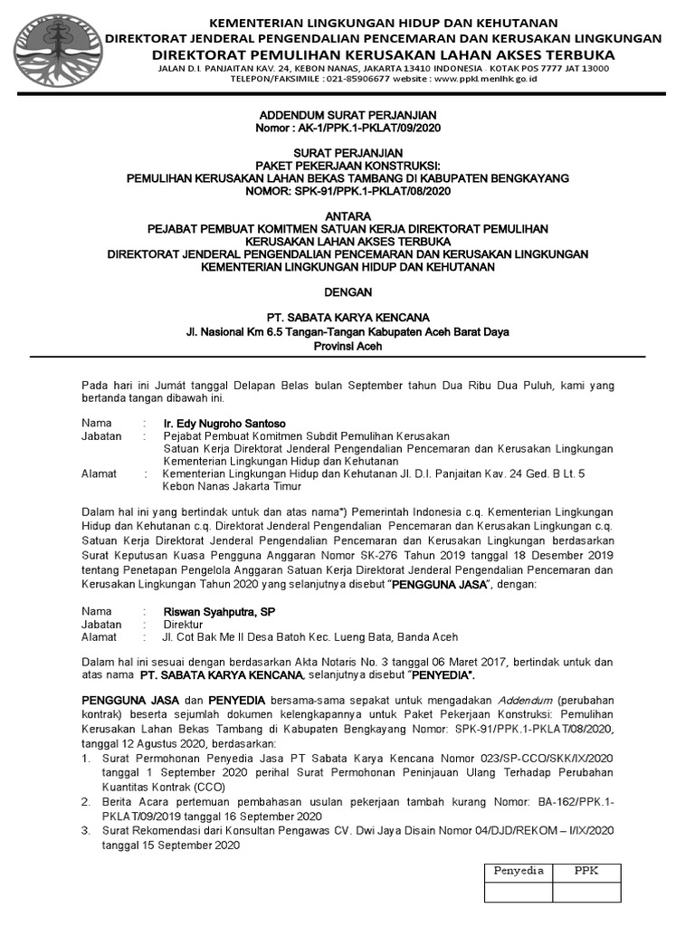 Addendum Kontrak Ke 1 | PDF