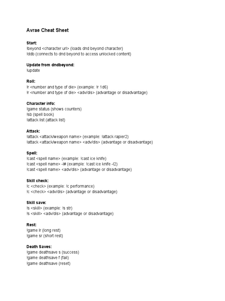 Avrae Cheat Sheet: Start | PDF