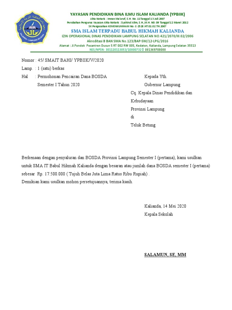 Surat Permohonan Pencairan Bantuan Bosda | PDF