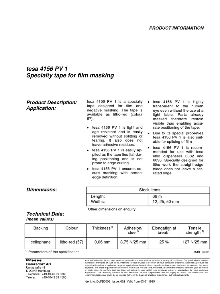 Tesa 4156 PV 1 Specialty Tape For Film Masking: Product Description ...