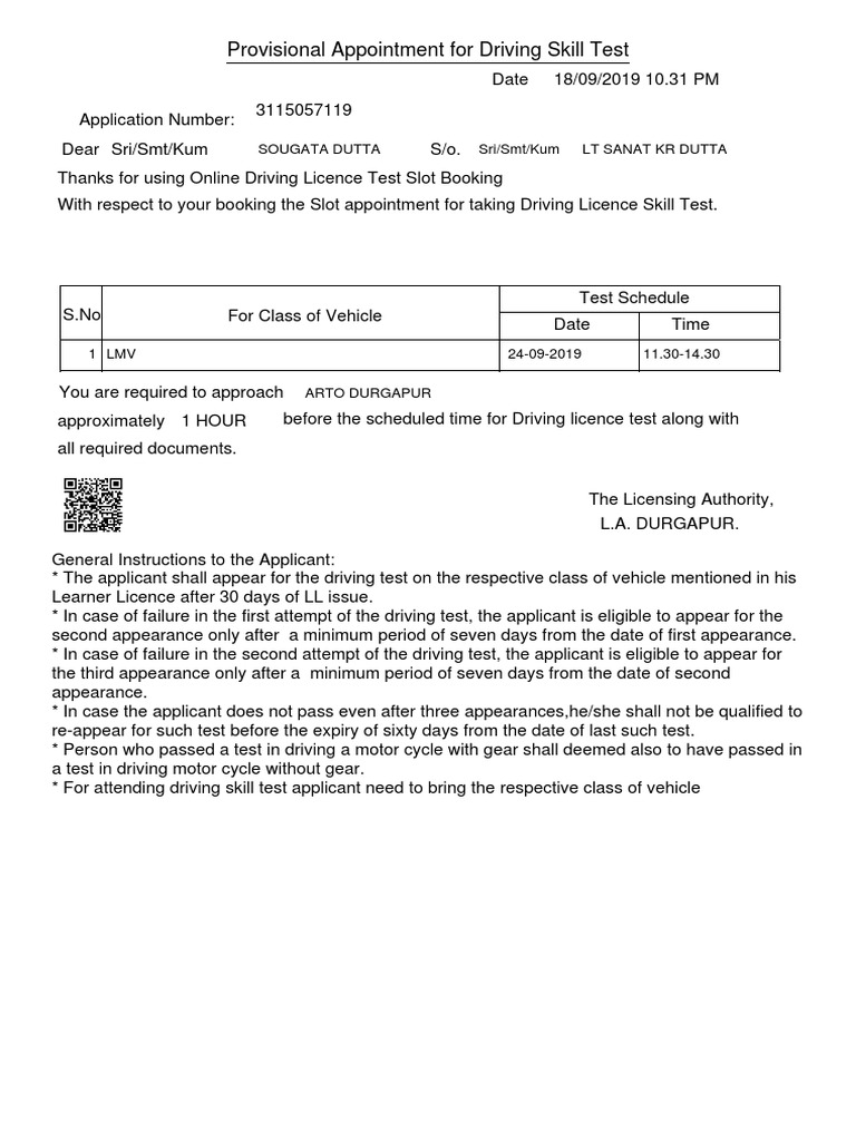 Driving Skill Test Appointment Details | PDF