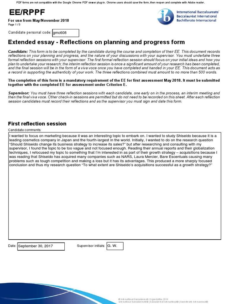 Ee/Rppf: Extended Essay - Reflections On Planning and Progress Form ...