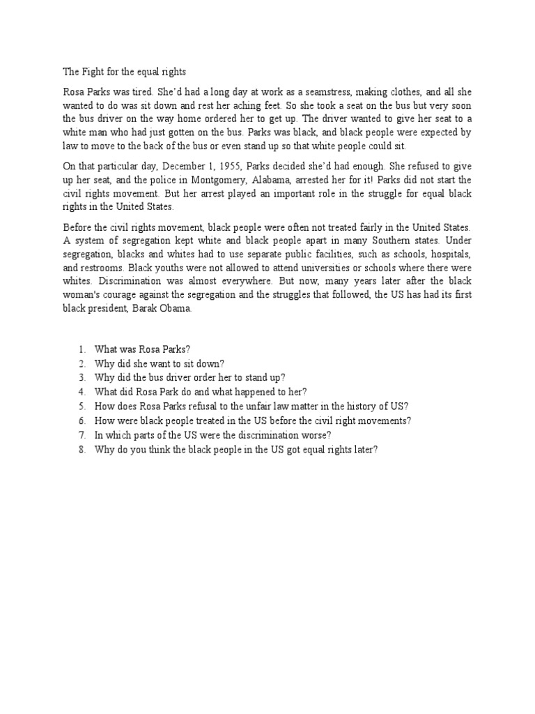 The Fight For The Equal Rights Comprehension Exercises | PDF