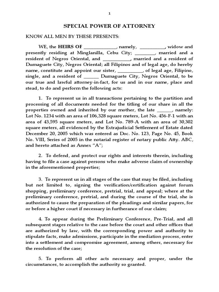 Sample SPECIAL POWER OF ATTORNEY | PDF | Power Of Attorney | Civil Law ...