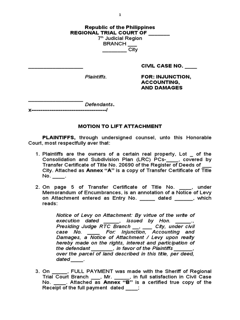Motion to Lift Attachment in Philippines | PDF | Lawsuit | Social ...