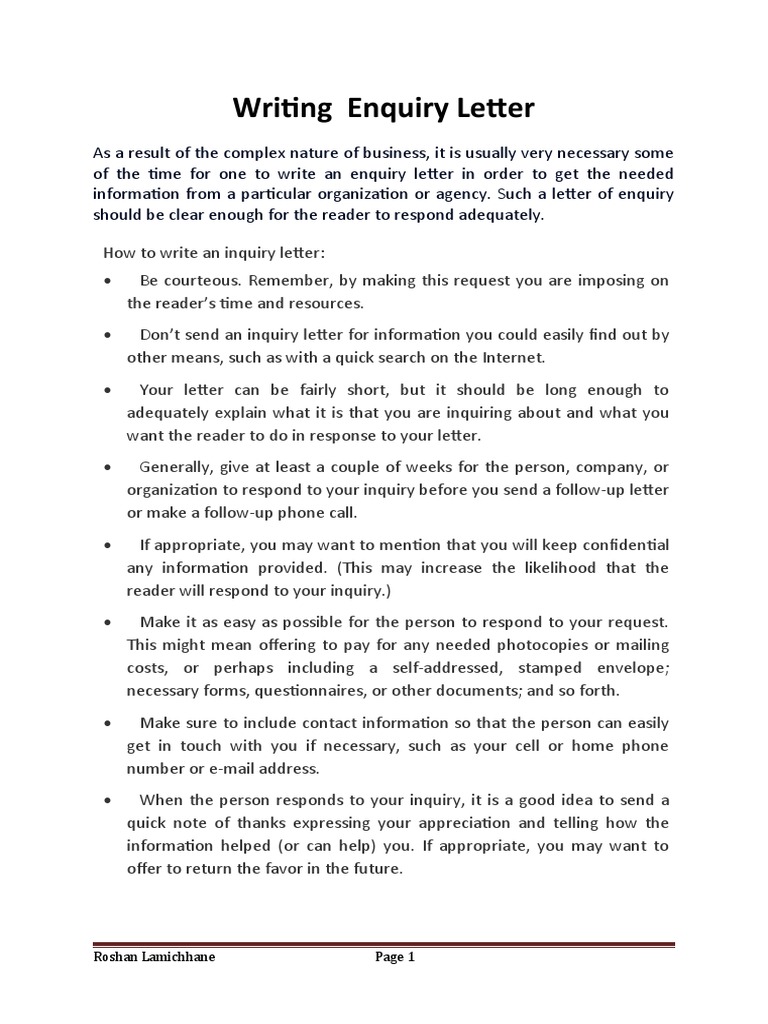 Writing Enquiry Letter: Roshan Lamichhane | PDF | Communication | Business