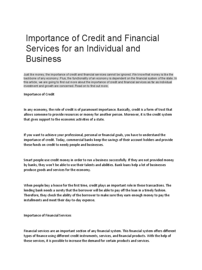 Importance of Credit and Financial Services For An Individual and ...