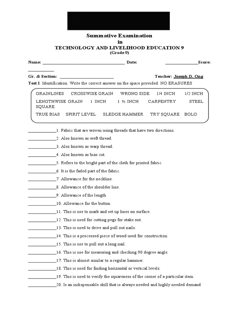 Grade 9 Technology Education Exam | PDF | Textiles | Textile Arts