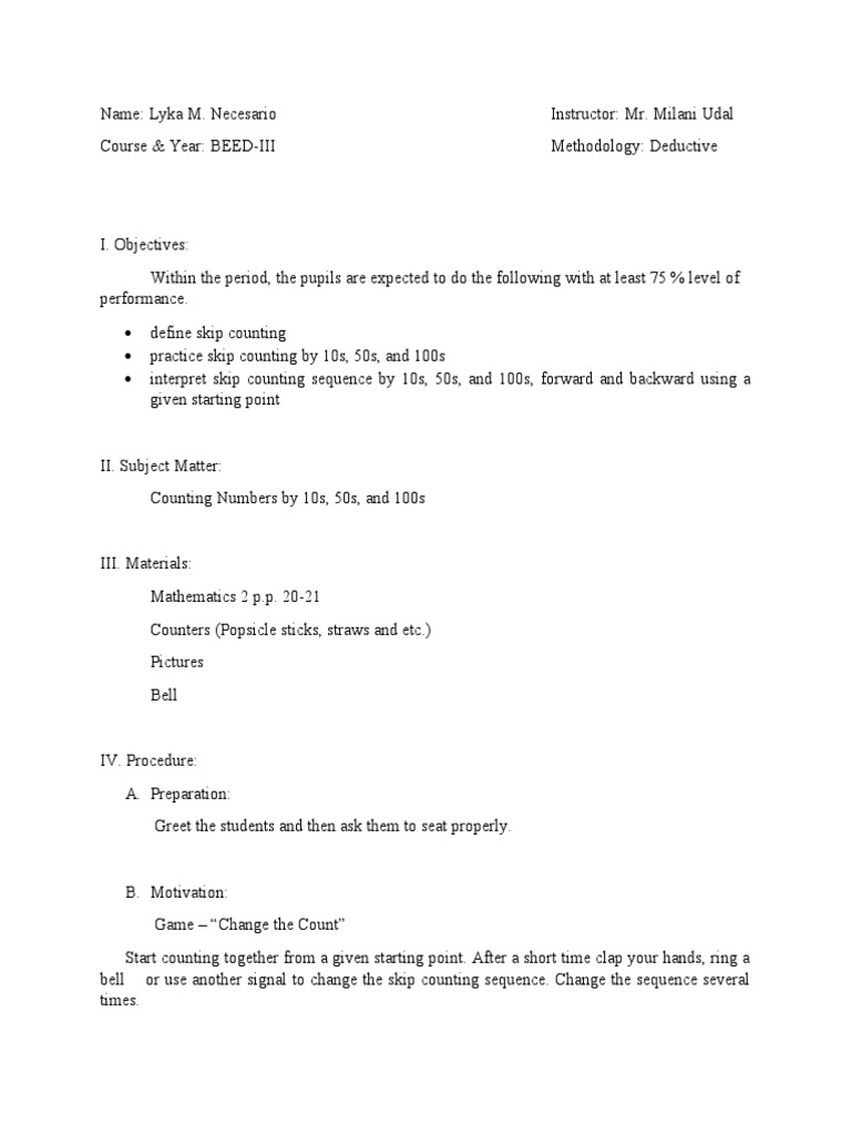 Lesson Plan For GED 110 | PDF | Numbers | Learning