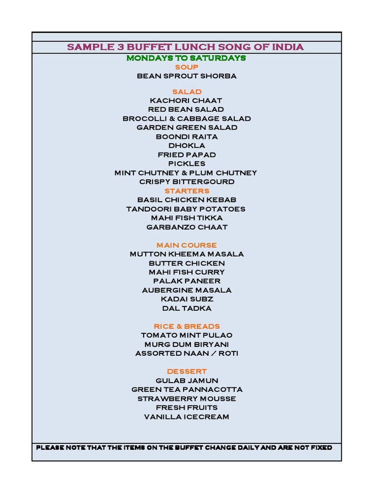 Sample 3 Buffet Week Lunch Menu | PDF