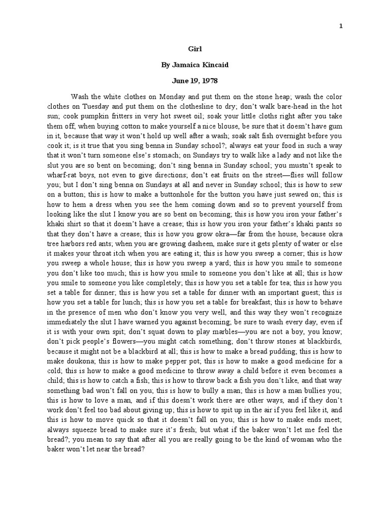 Girl by Jamaica Kincaid June 19, 1978 | PDF | Narration | Clothing