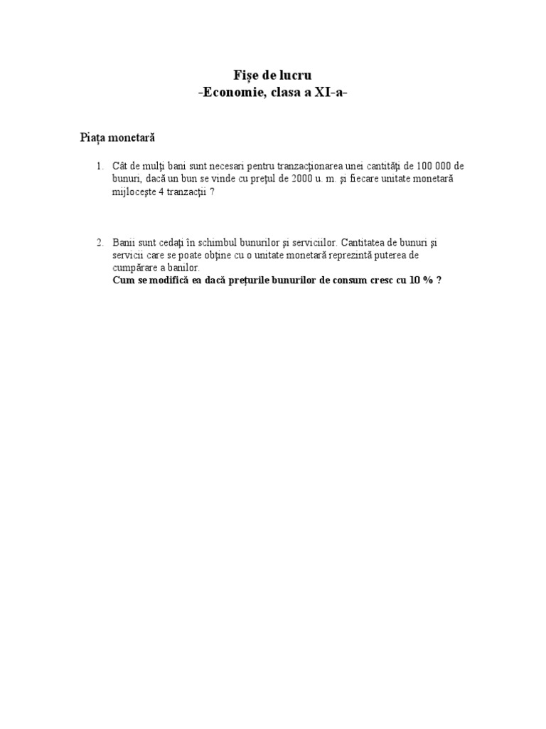 Fisa de Lucru-Piata Monetara | PDF