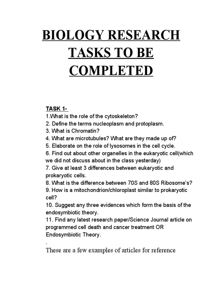 Biology Research Tasks and Concepts | PDF | Eukaryotes | Cell (Biology)