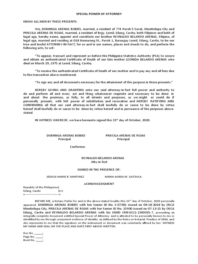 Special Power of Attorney - Psa | PDF | Power Of Attorney | Signature