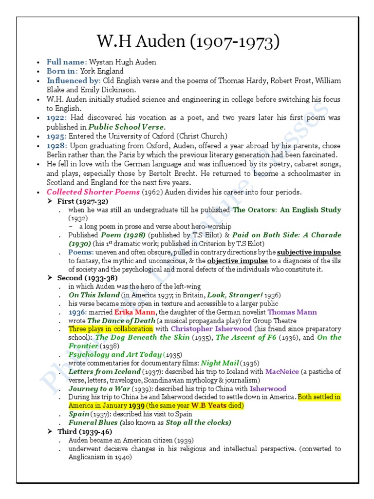 W.H Auden (1907-1973) : Full Name: Born In: Influenced by | PDF | Poetry