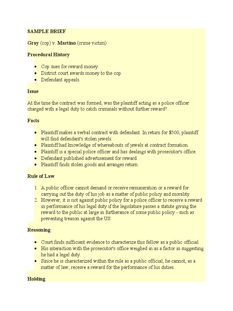 Sample Brief Gray (Cop) v. Martino (Crime Victim) Procedural History | PDF