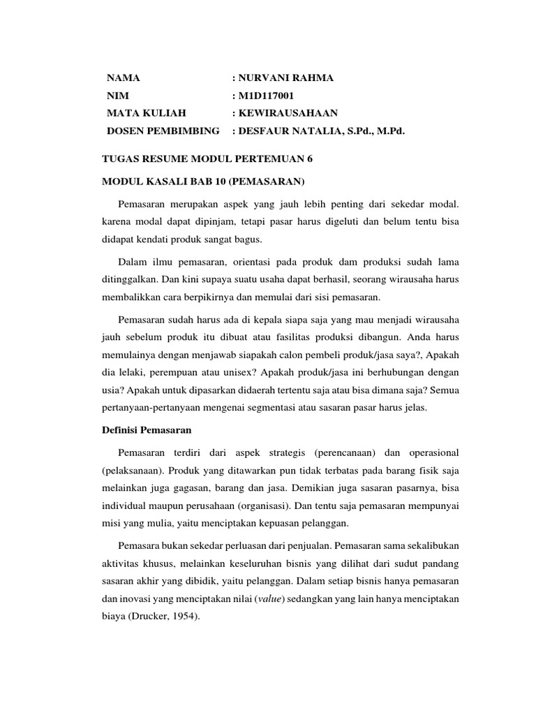 Nurvani - M1D117001 - Kwu6 - Resume Modul | PDF | Karier & Perkembangan | Bisnis