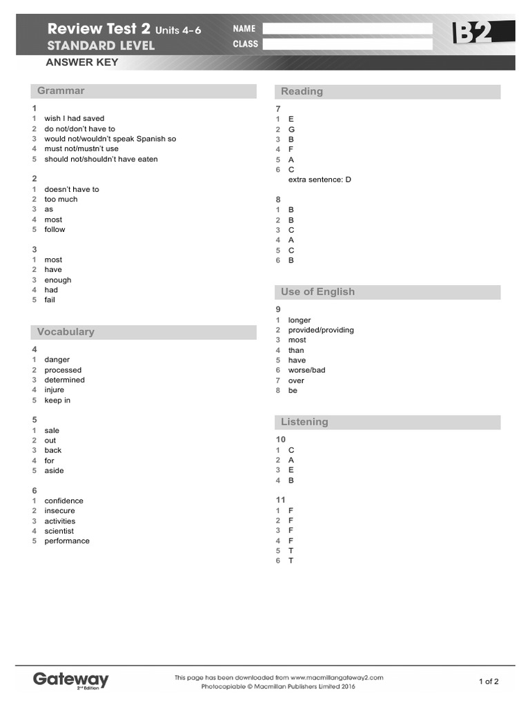 B2 Review Test 2 Answer Key Standard | PDF | Symbols | Cognition