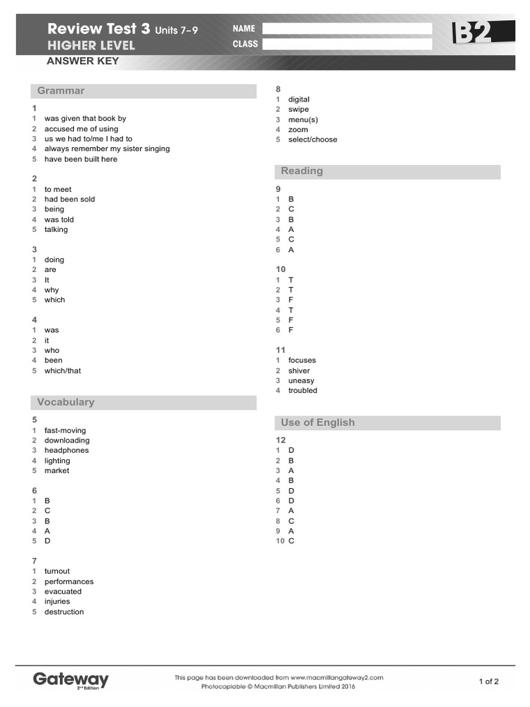 B2 Review Test 3 Answer Key Higher | PDF | Cognition | Learning