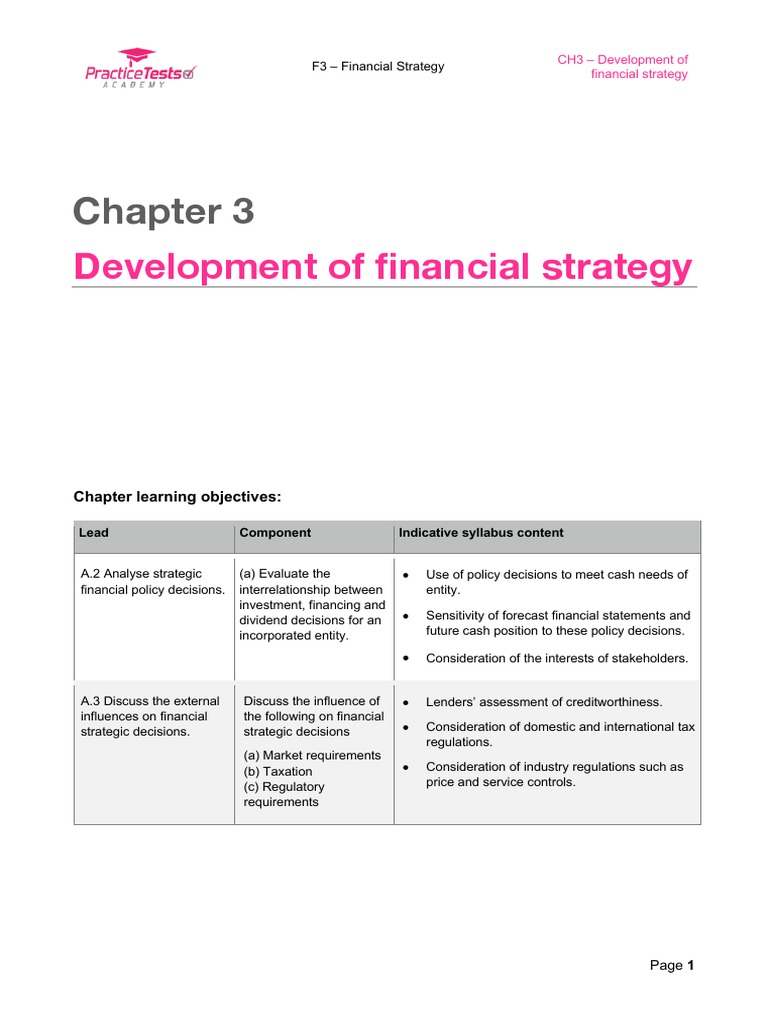 Development of Financial Strategy: Chapter Learning Objectives | PDF ...