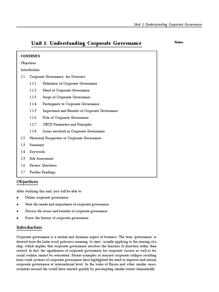 Unit 1: Understanding Corporate Governance: Notes | Download Free PDF ...