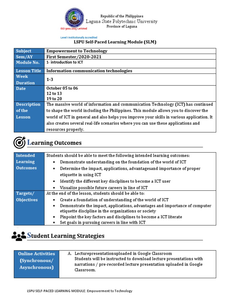 Earning Outcomes: LSPU Self-Paced Learning Module (SLM) Empowerment To Technology First Semester ...