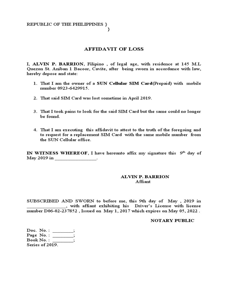 Affidavit of Loss: IN WITNESS WHEREOF, I Have Hereunto Affix My ...