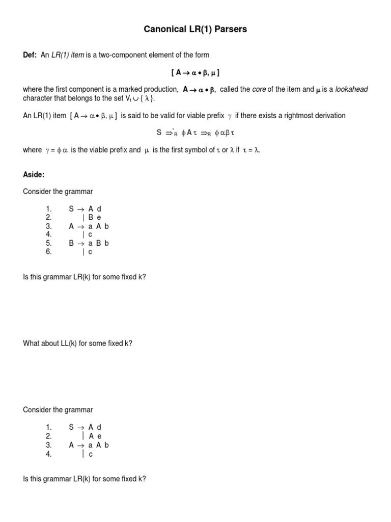 Canonical LR (1) Parsers: Def: An LR (1) Item Is A Two-Component ...