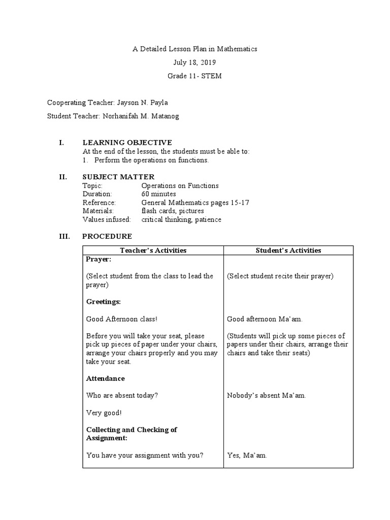 Lesson Plan in Mathematics | PDF | Function (Mathematics) | Lesson Plan