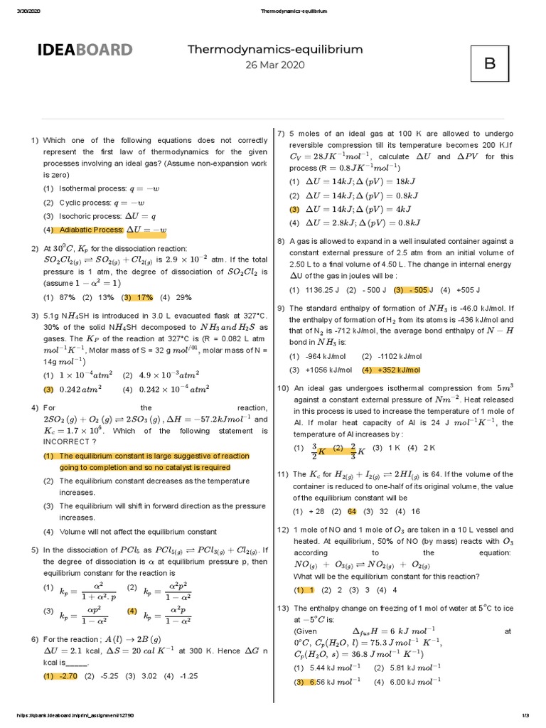 Thermodynamics and Equilibrium Quiz | PDF | Chemical Equilibrium | Gases