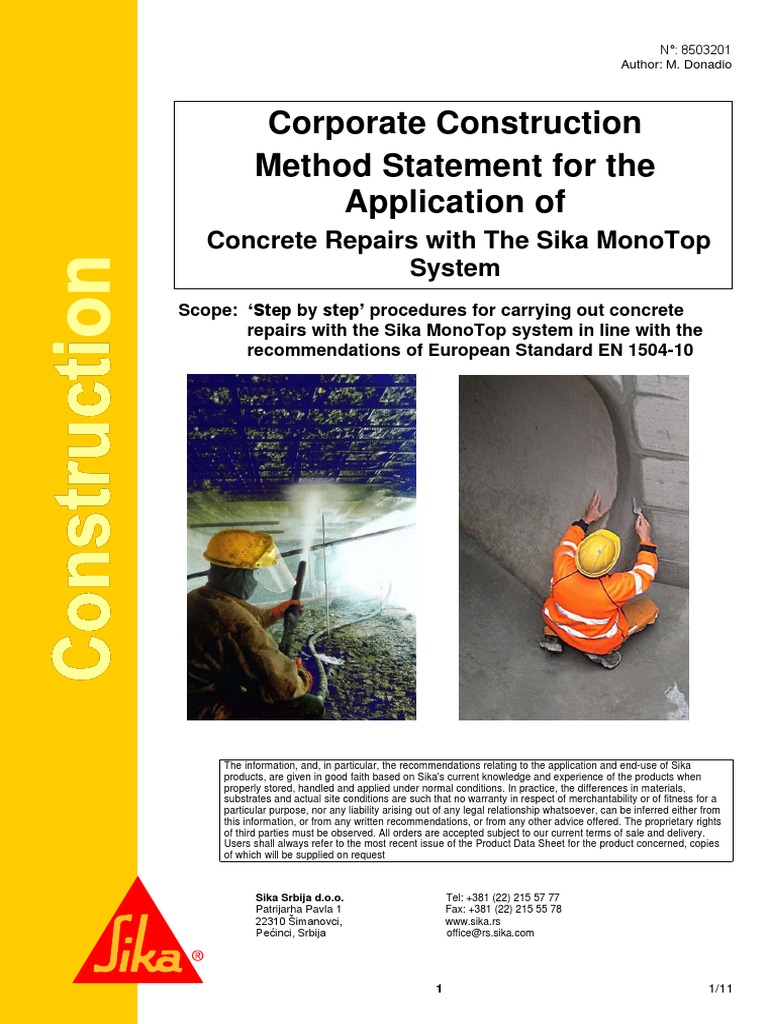 Method Statement Sika Mono Top EN 1504 (Sika Srbija) - Eng | PDF | Concrete | Corrosion