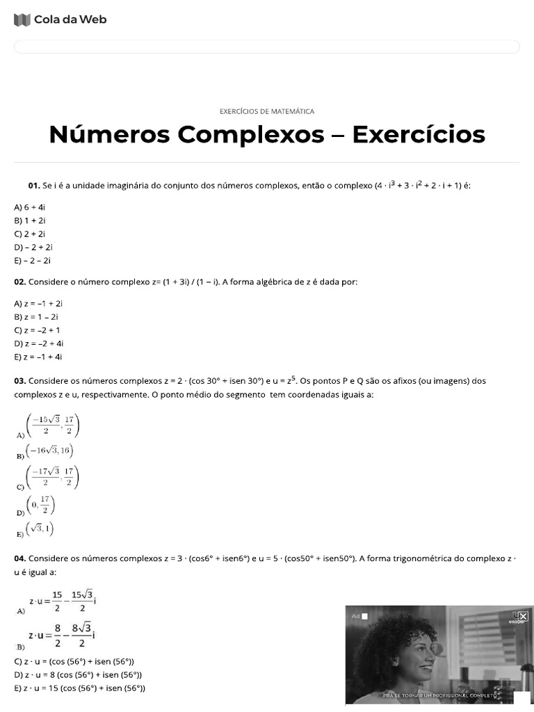 Números Complexos Lista Com 10 Exercícios Resolvidos - Cola Da Web | PDF