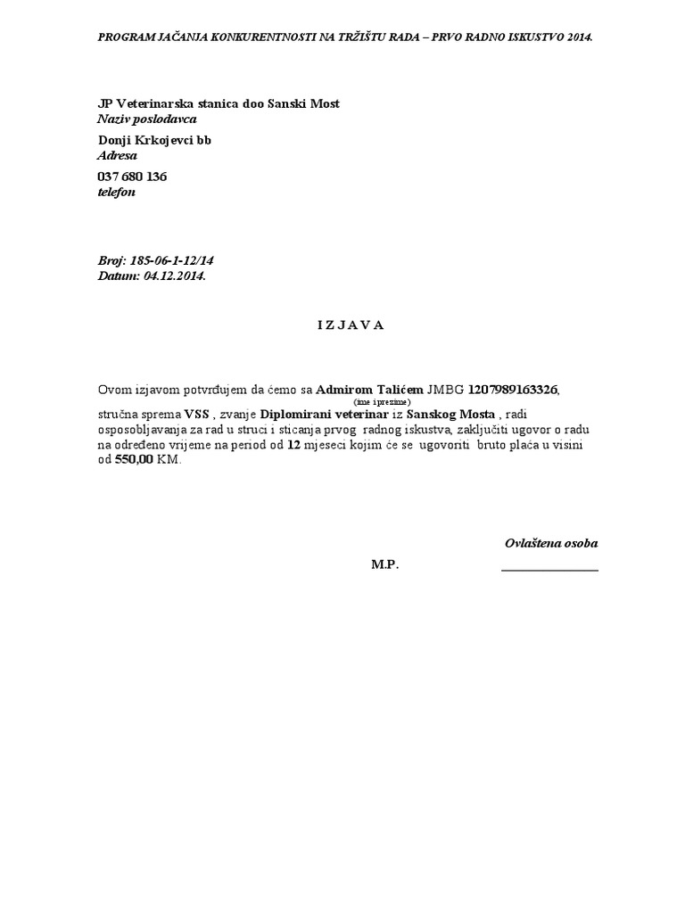 Izjava Poslodavca o BLD PRI | PDF